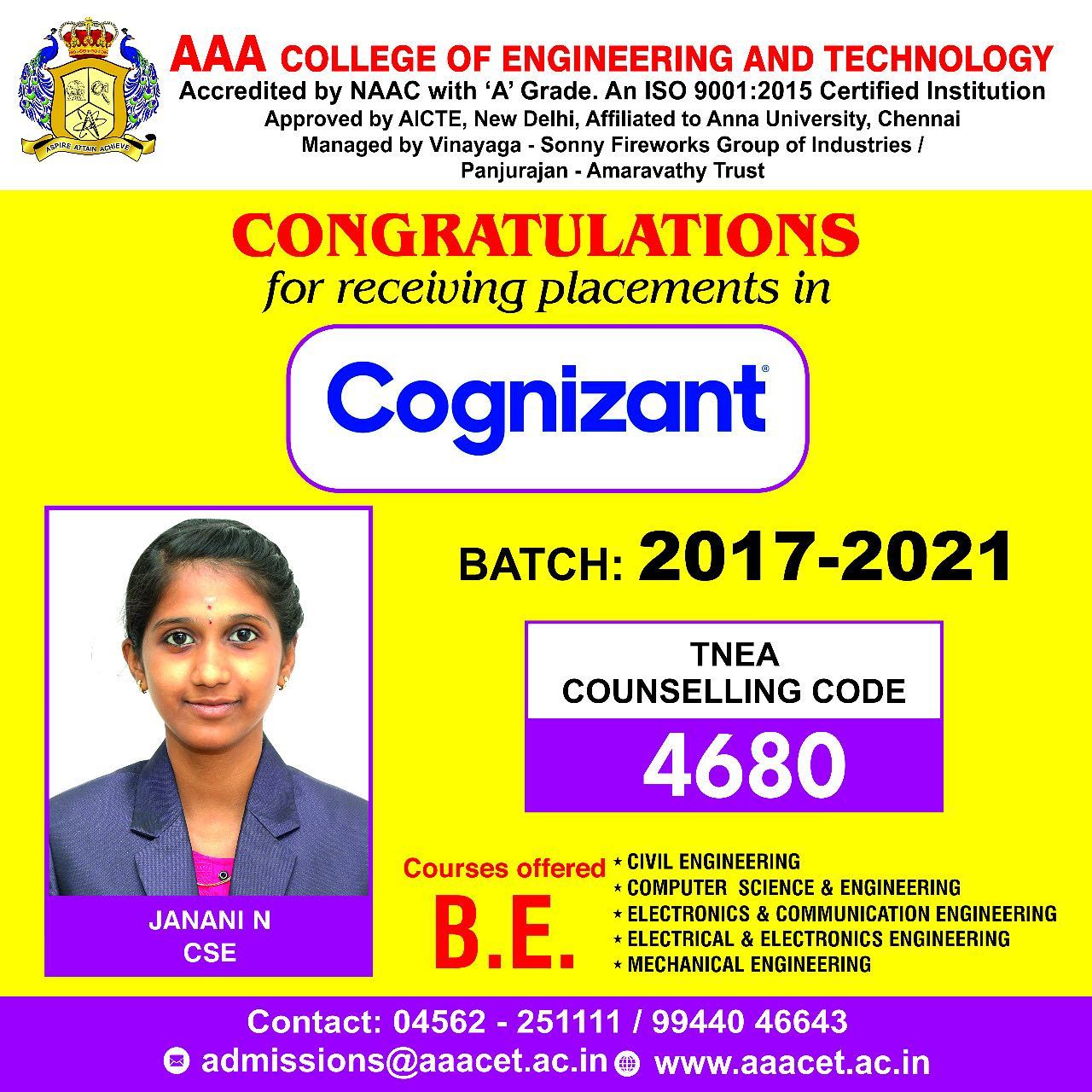 Congratulations for getting placement in CTS – AAA College of ...