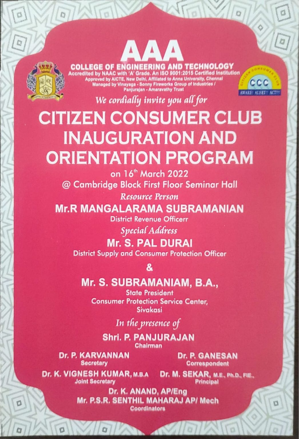 Inauguration of Citizen Consumer Club – 16/03/2022 – AAA College of ...
