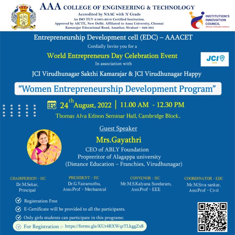 Women Entrepreneurship Development Program on 24-08-2022 – AAA College ...