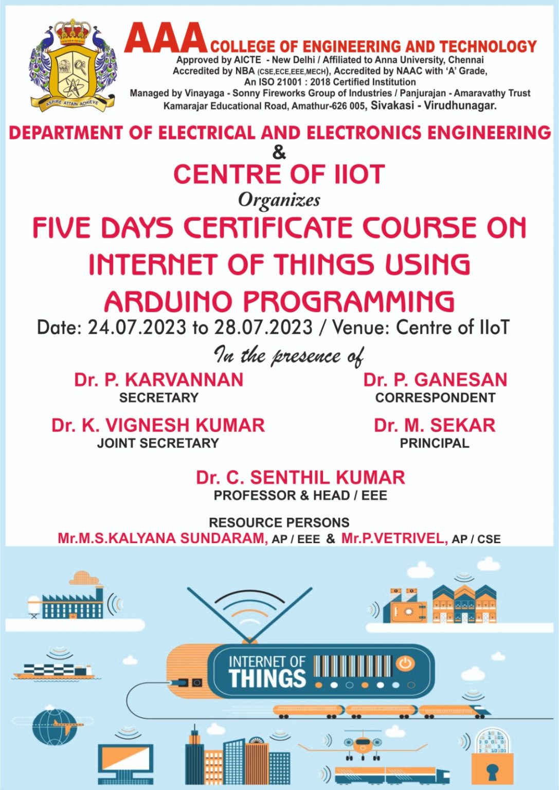 Five Days Certificate Course on INTERNET OF THINGS USING ARDUINO ...