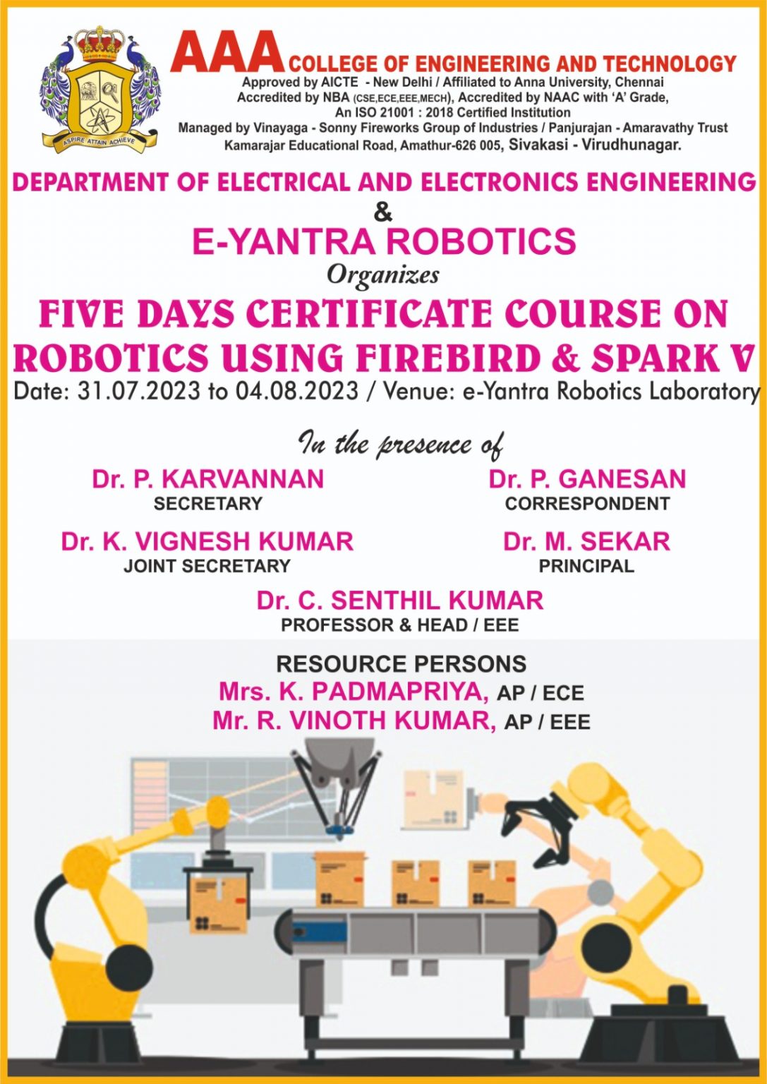 Five Days Certificate Course on ROBOTICS USING FIREBIRD & SPARK V from ...