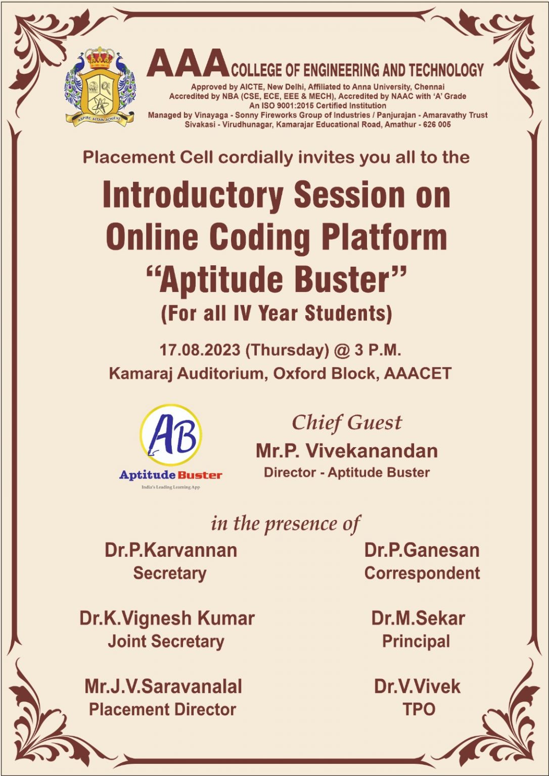 Introductory Session on Online Coding Platform “Aptitude Buster” on 17.08.2023 – AAA College of ...