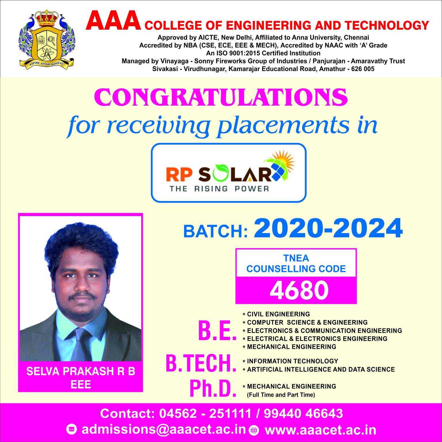 Congratulations for Receiving Placements in RP Solar, Chennai – AAA ...