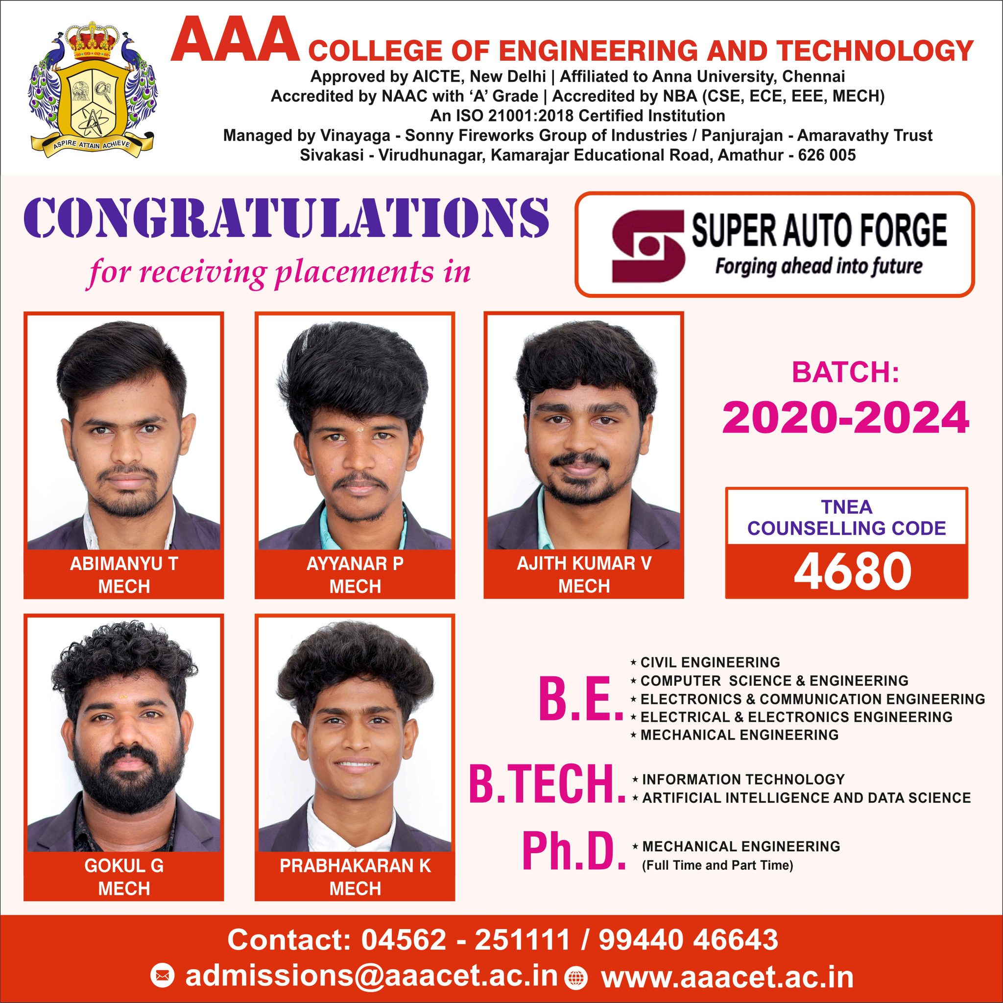 Congratulations for Receiving Placements in Super Auto Forge, Chennai ...