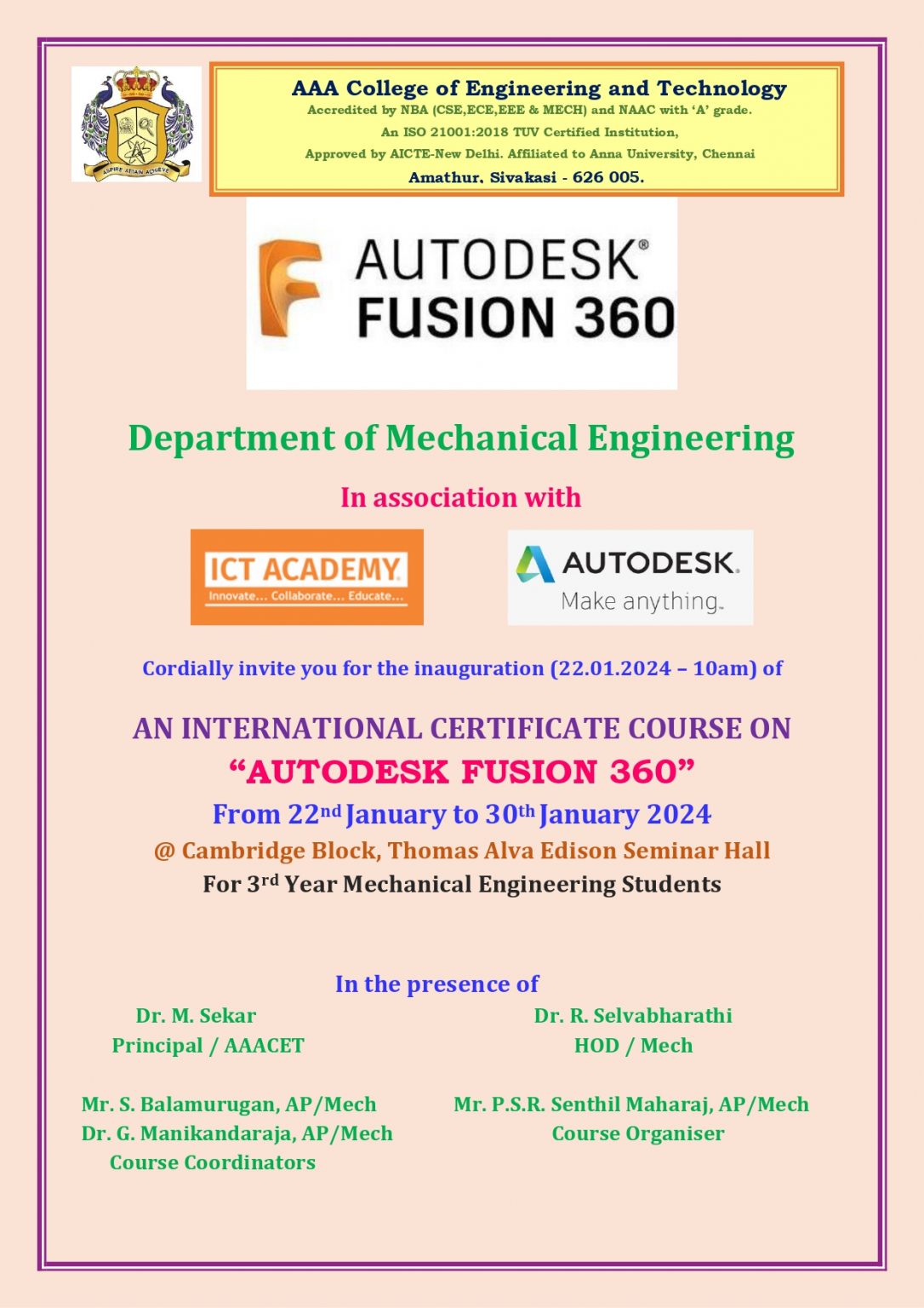 International Certification course on “AUTODESK FUSION 360” from 22.01. ...