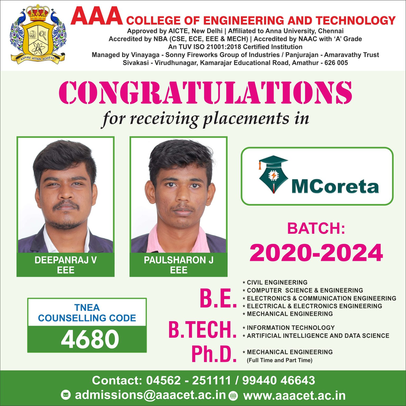 Congratulations for Receiving Placements in MCoreta – AAA College of ...