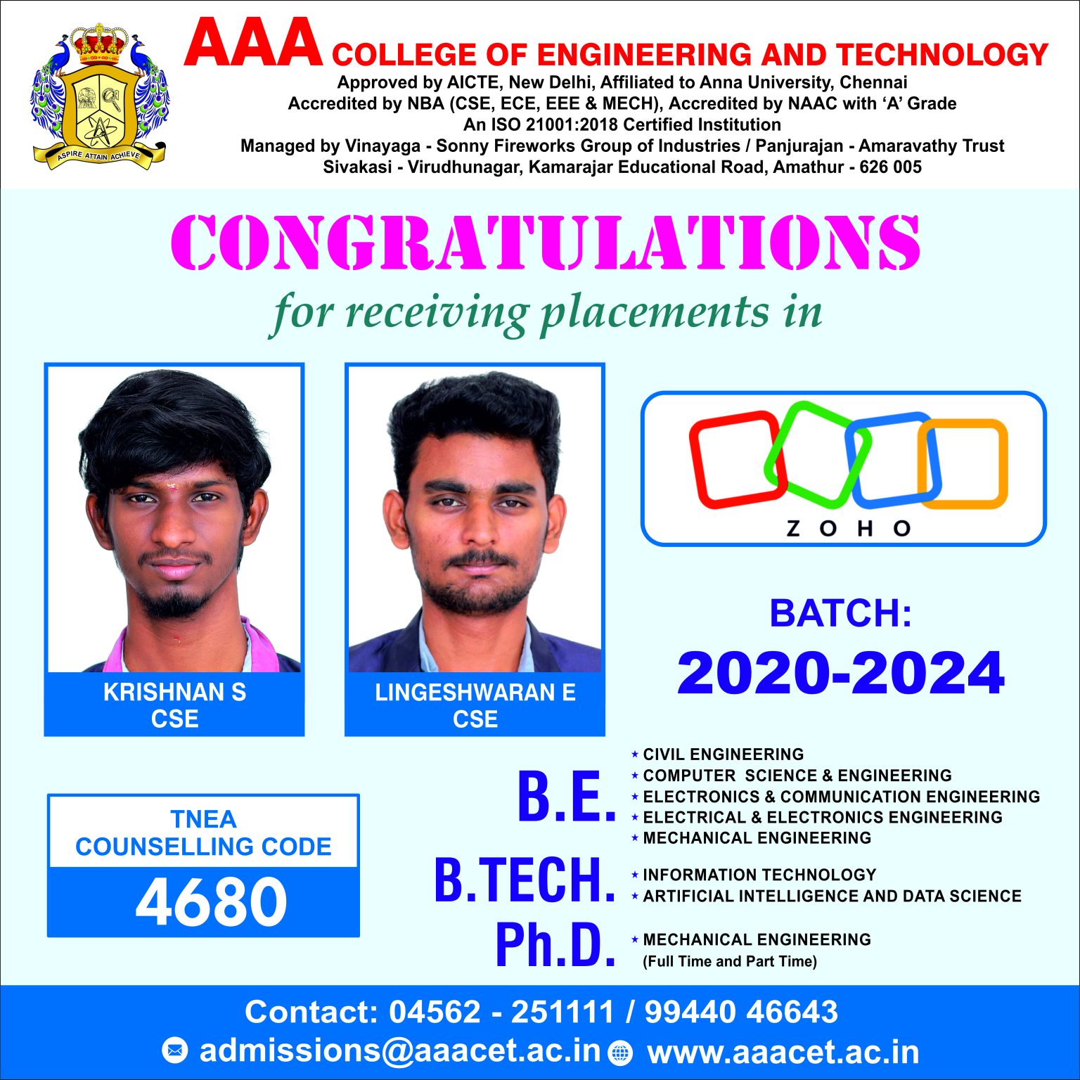 Congratulations for Receiving Placements in Zoho Corp, Chennai – AAA ...