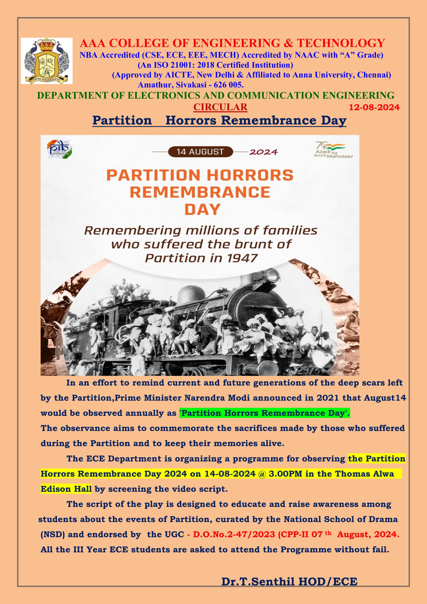 Partition Horrors Remembrance Day 2024 – 14-08-2024 – AAA College of ...