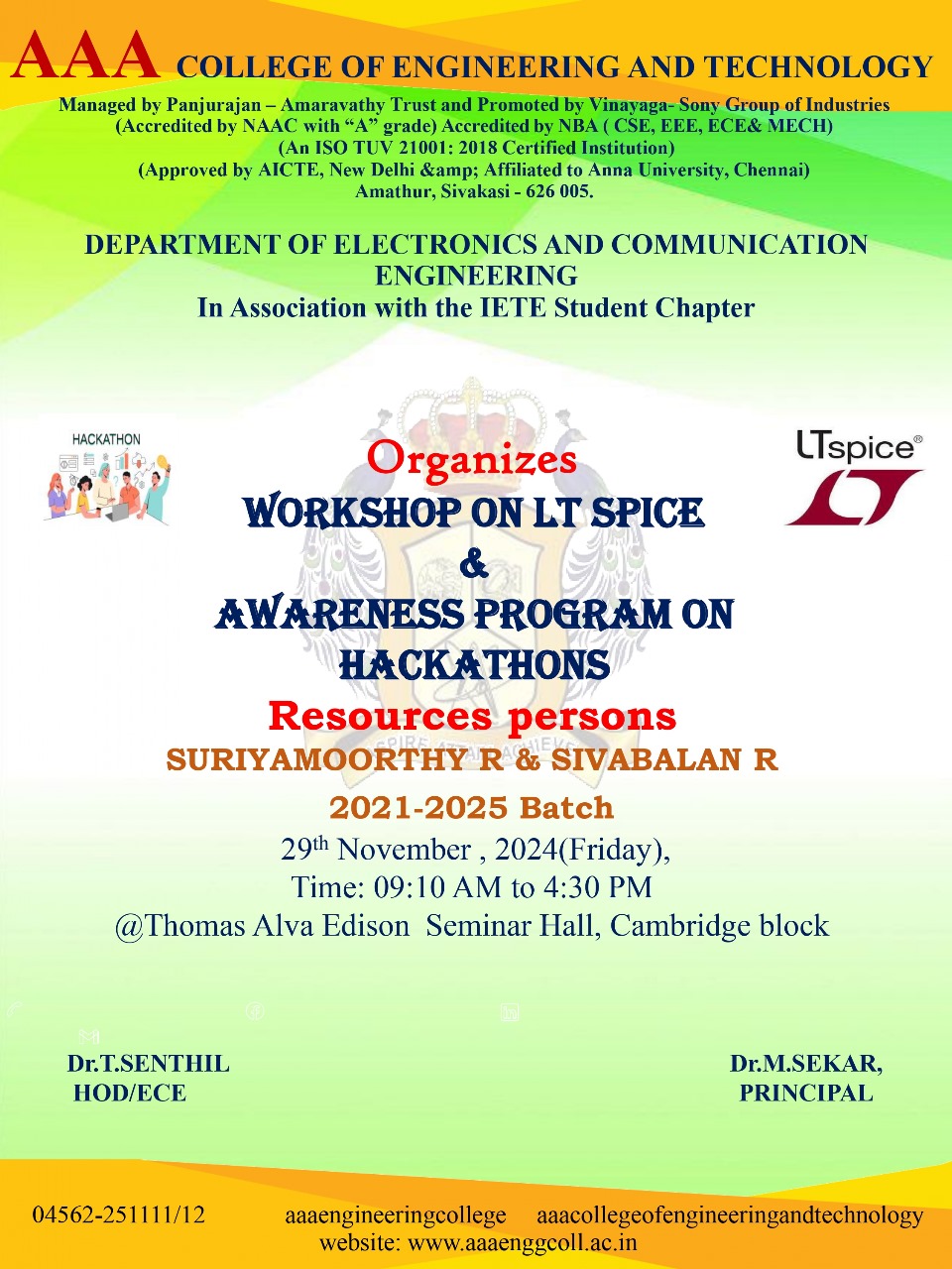 Workshop on “LT SPICE and Hackathon Skills” – 29-11-2024 – AAA College of Engineering ...