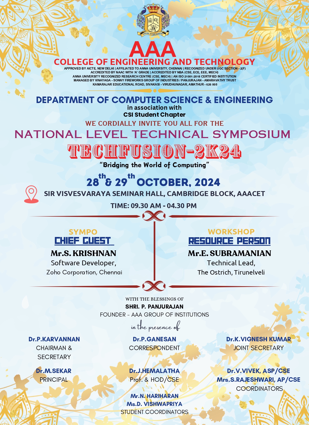 CSE SYMPOSIUM “TechFusion 2K24” – 28-10-2024 & 29-10-2024 – AAA College ...