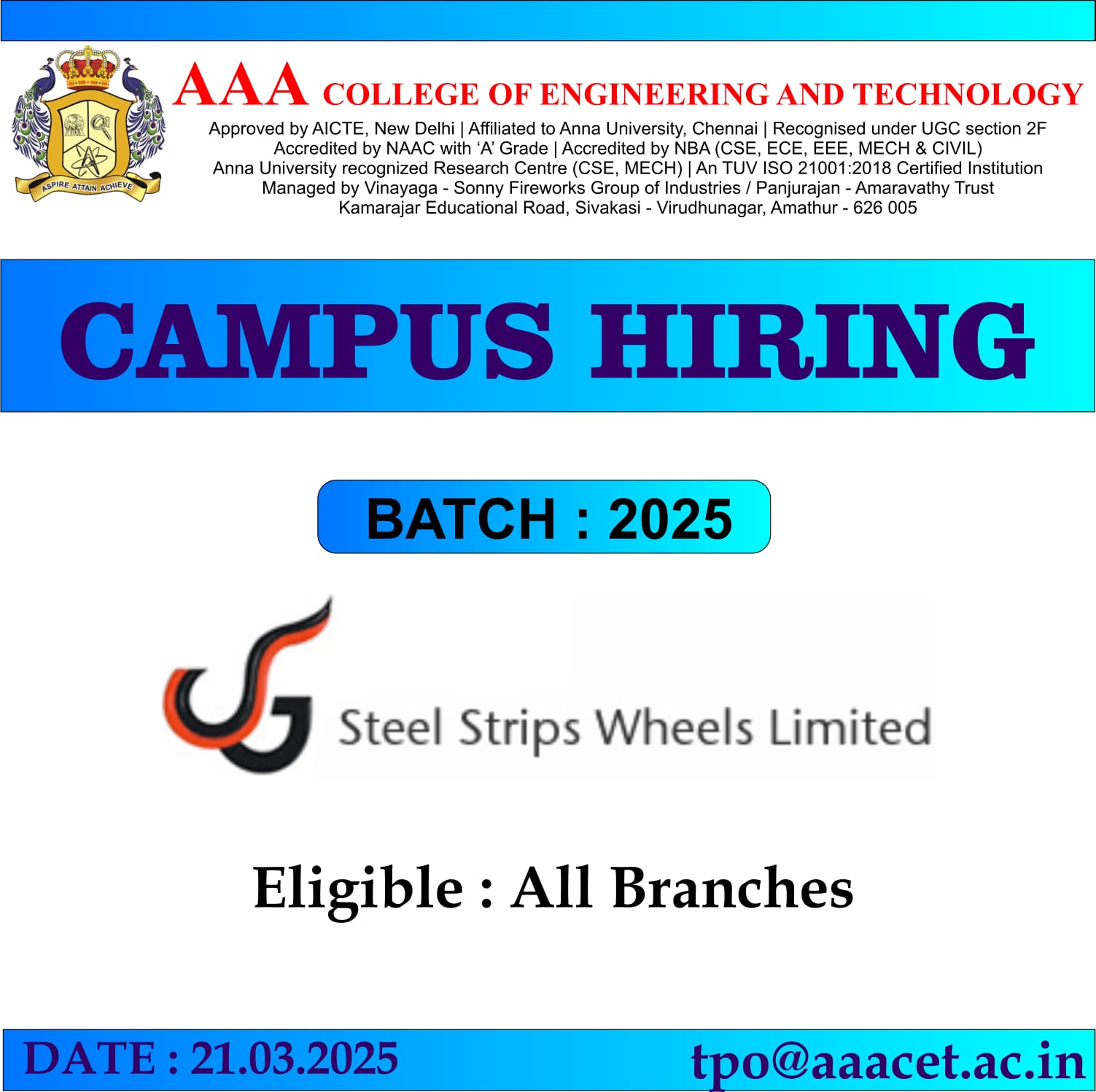 AAACET Campus Drive with Steel Strips Wheels Limited on 21-03-2025 – AAA College of Engineering ...