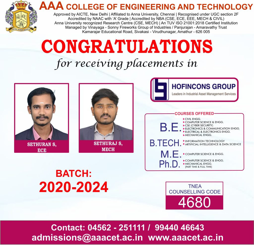 Placement 2021-2025 – AAA College of Engineering & Technology, Sivakasi