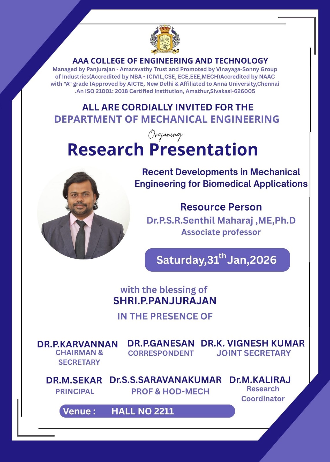 Research Presentation Recent Developments in Mechanical Engineering for ...